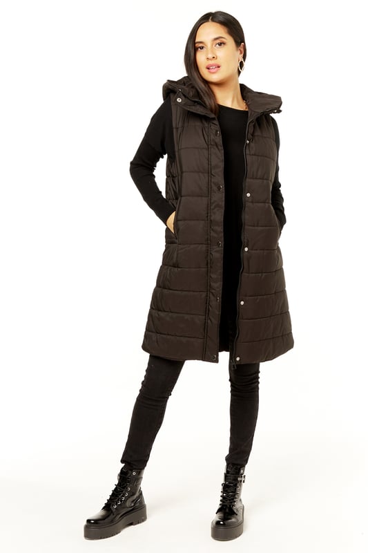 Chaleco largo acolchado con capucha